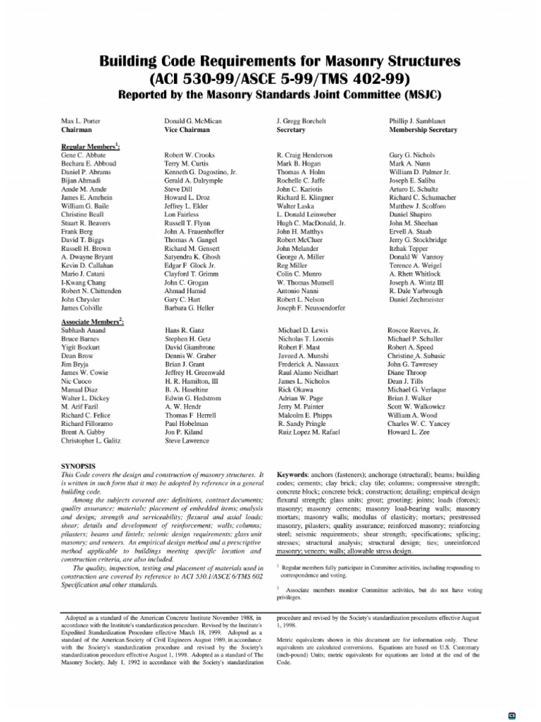 ACI 530 - 99, ASCE 5-99, TMS 402-99 Bulding Code Requirements For ...