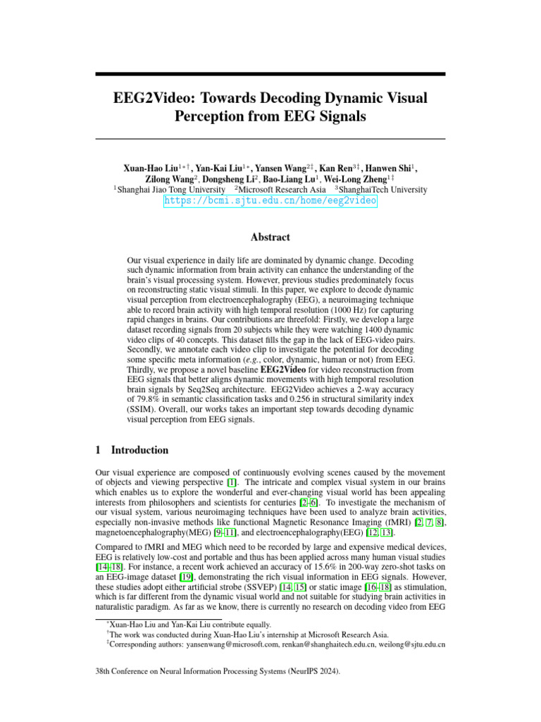 NeurIPS 2024 Eeg2video Towards Decoding Dynamic Visual Perception From Eeg Signals Paper ...