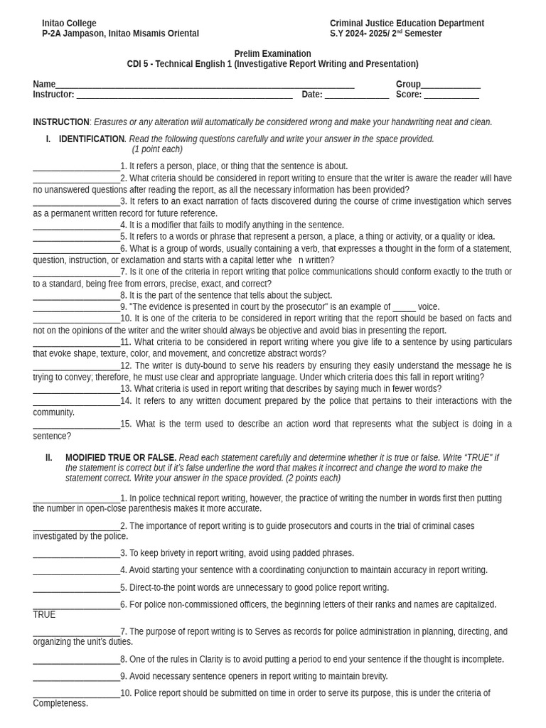 Criminal Justice Report Writing Exam | PDF | Crimes | Crime & Violence