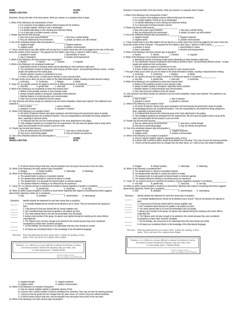 ENG9 Q3 QUIZ W1 | PDF | Bias | Prejudices