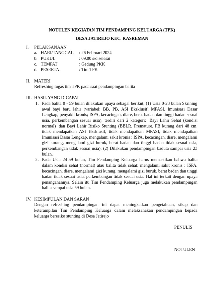 NOTULEN KEGIATAN TIM PENDAMPING KELUARGA | PDF
