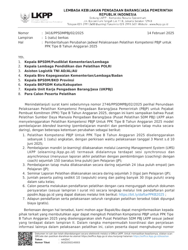 Pengumuman Perubahan Jadwal Pelatihan PPK Tipe B TA 2025 | PDF