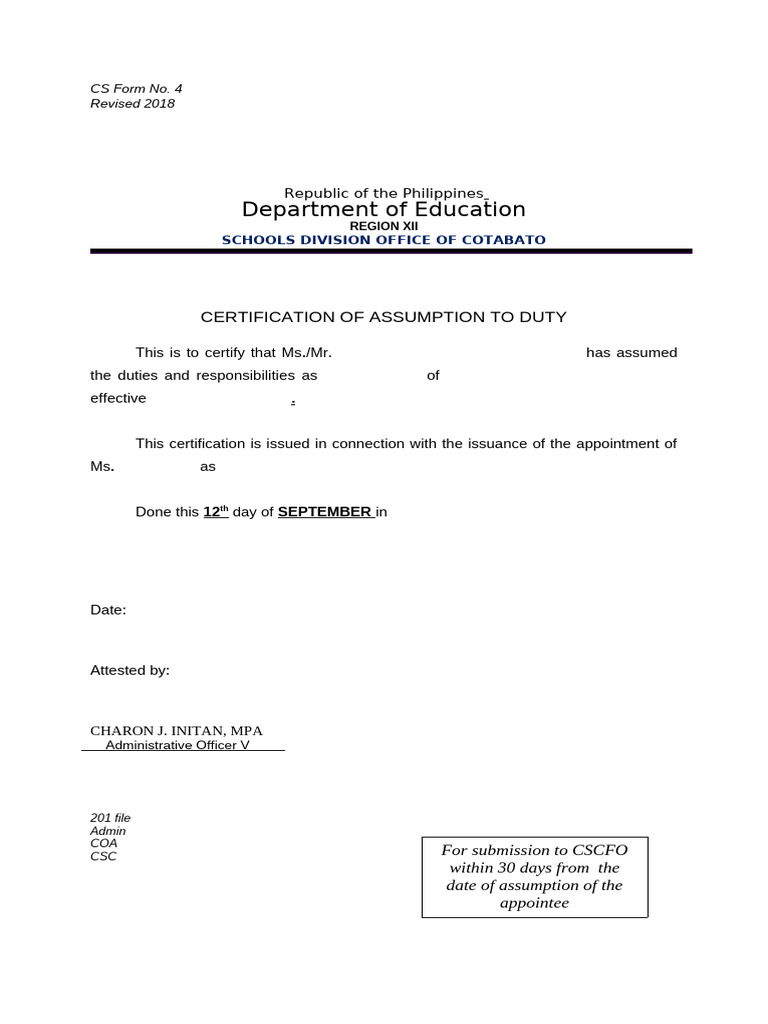 CS Form No. 4 Certification of Assumption To Duty | PDF