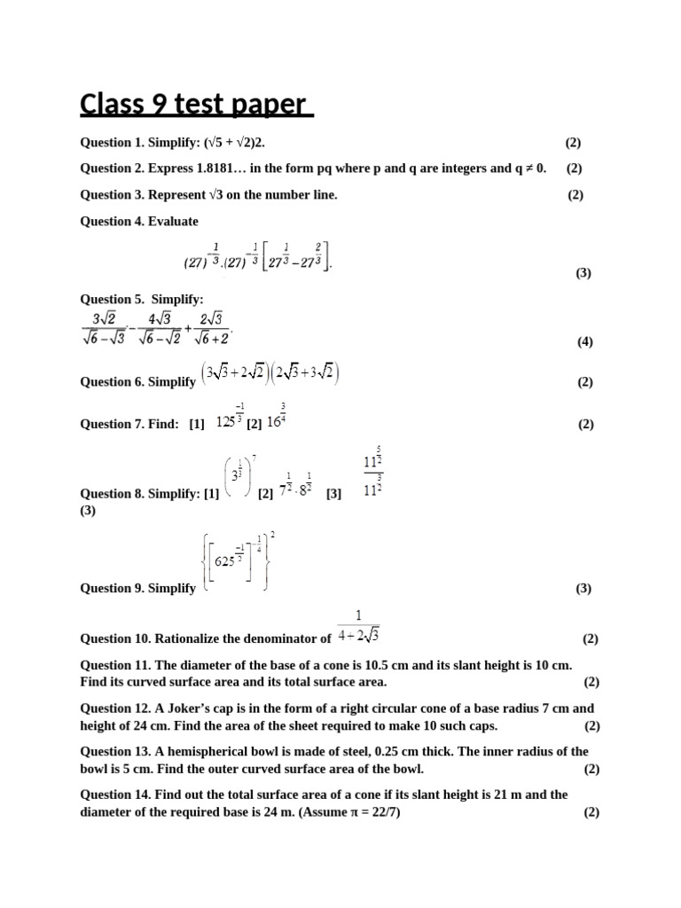 Class 9 Test Paper Math | PDF | Sphere | Elementary Geometry