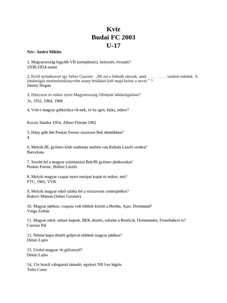 Kvíz Budai FC 2003 U-17: 1938,1954 Ezüst | PDF