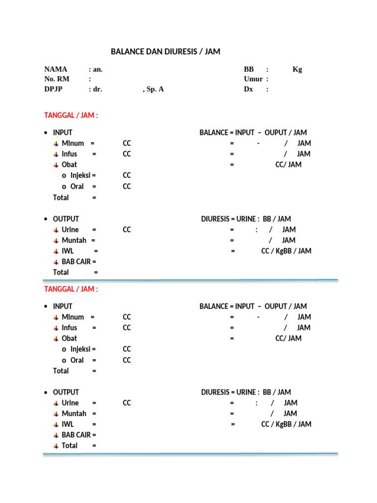 Diuresis and Fluid Balance Chart | PDF