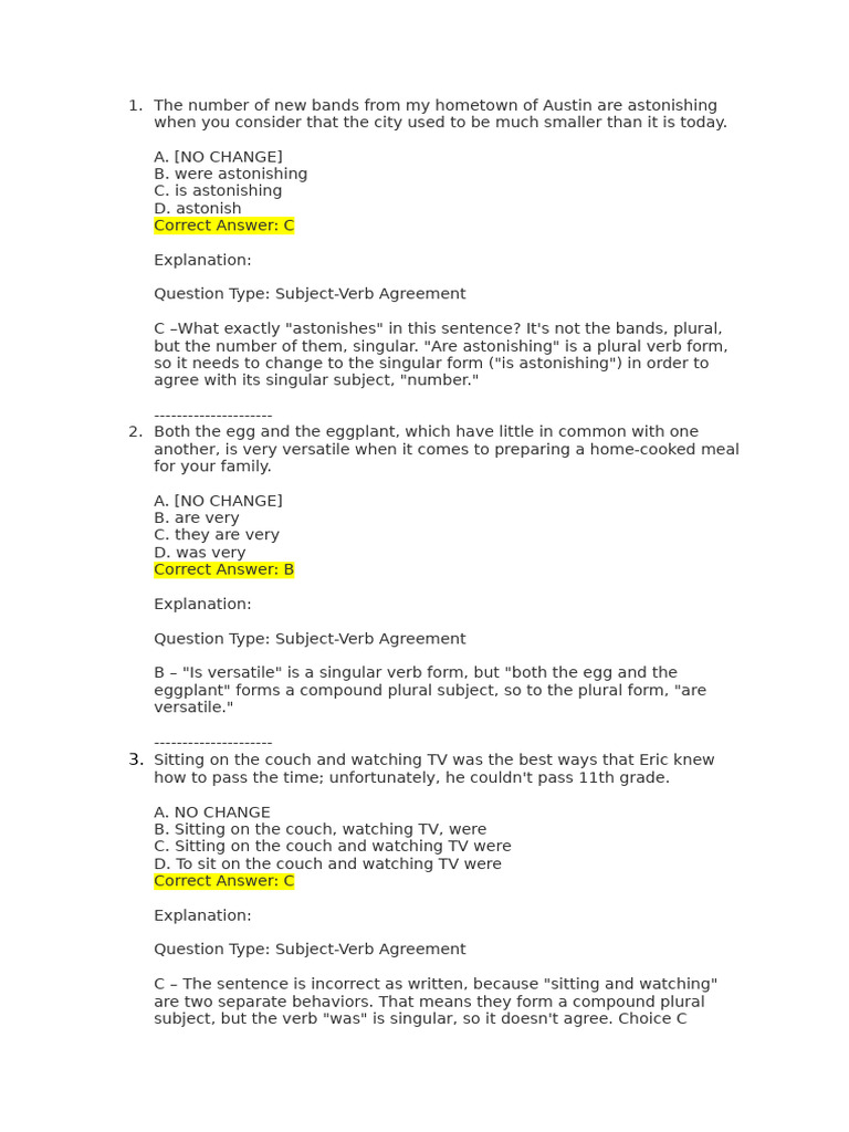Test Subject-Verb Agreement 1 Answers | PDF | Plural | Grammatical Number