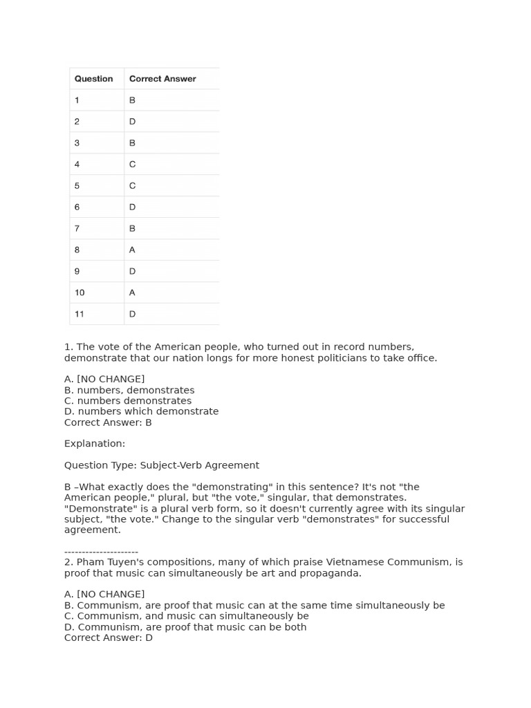 Test Subject-Verb Agreement 2 Answers | PDF | Plural | Grammatical Number