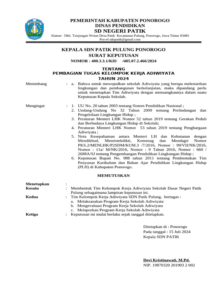 SK Pembagian Pokja Adiwiyata | PDF