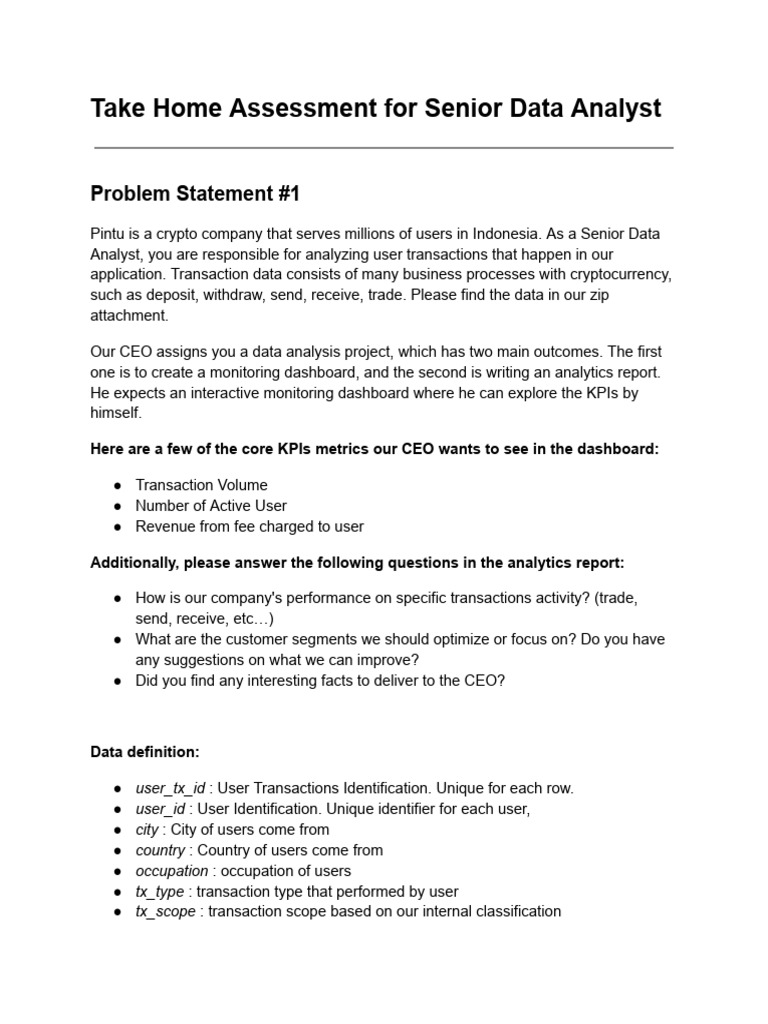 Take Home Assessment - Senior Data Analyst | PDF | Data Analysis ...