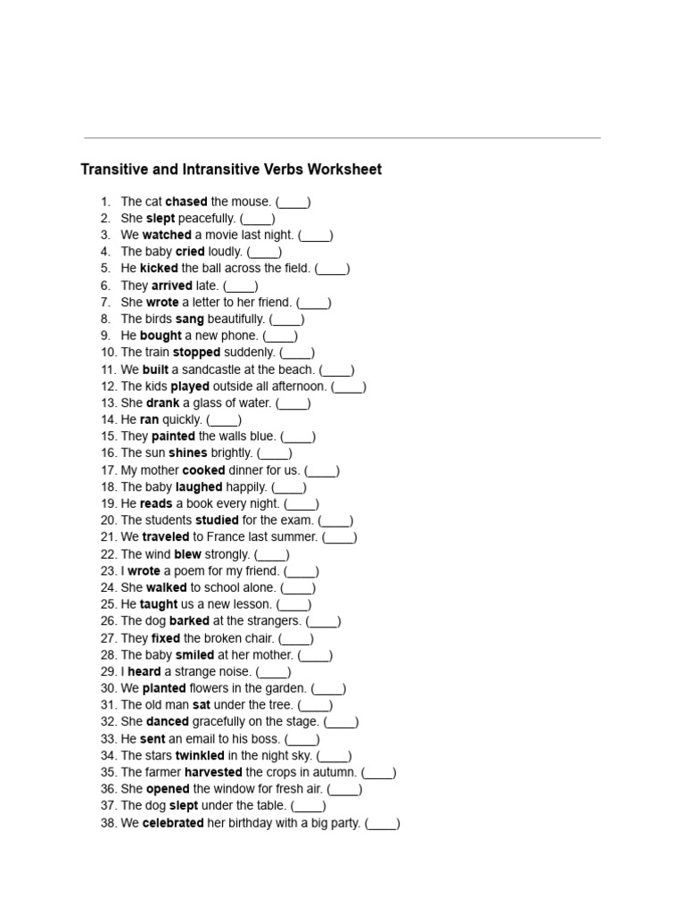 Transitive and Intransitive Verbs Worksheet | PDF