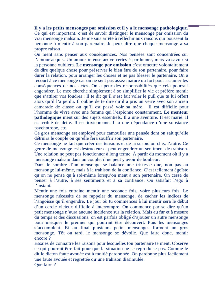 Distinguer mensonge par omission et pathologique | PDF | Mensonge