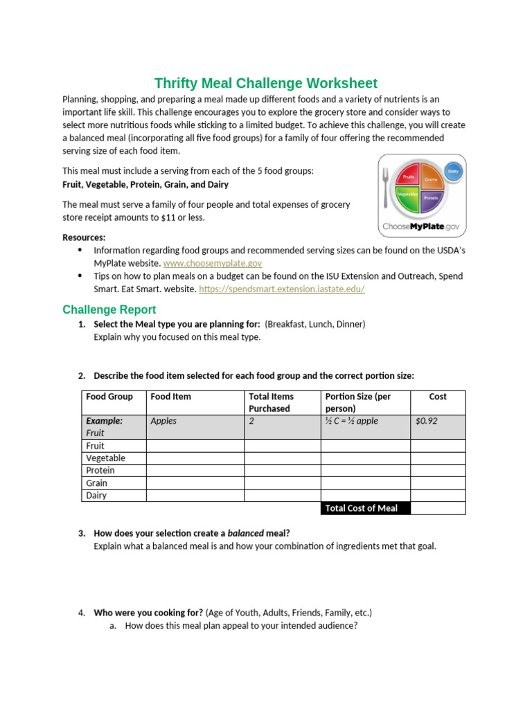 3 Thrifty Meal Challenge Worksheet | PDF | Meal | Foods