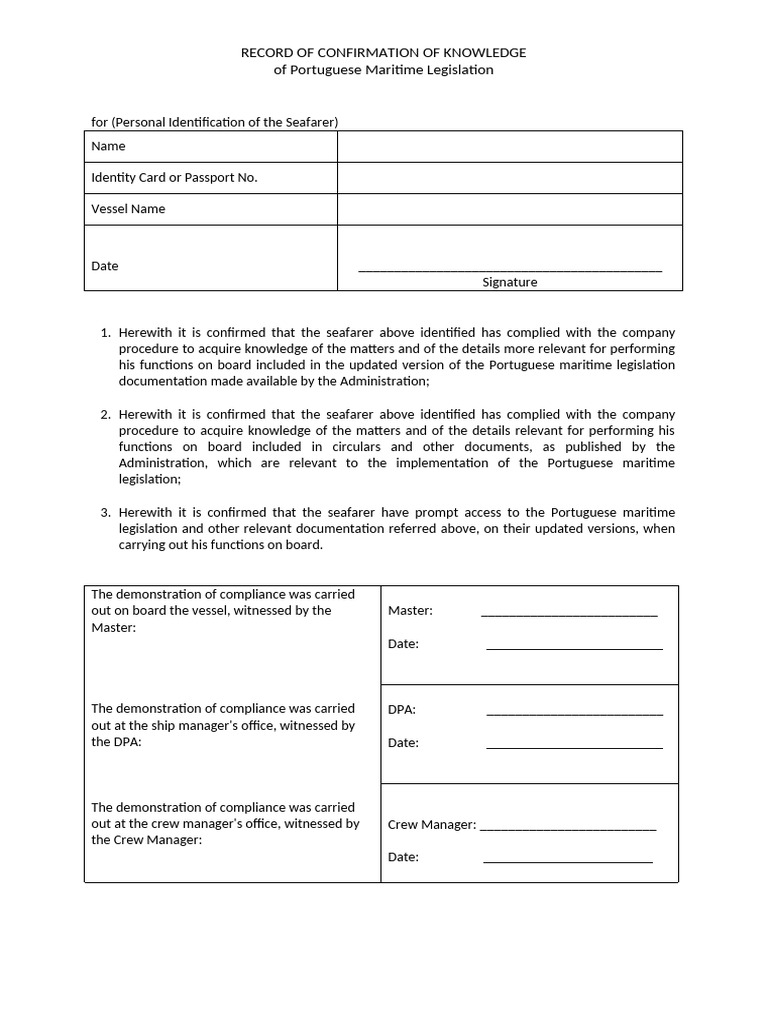 Confirmation of Seafarer Knowledge Compliance | PDF