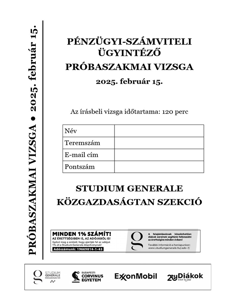 Pénzügy-Számviteli Ügyintéző Próbaszakmai Vizsga Feladatlapok 2025 | PDF