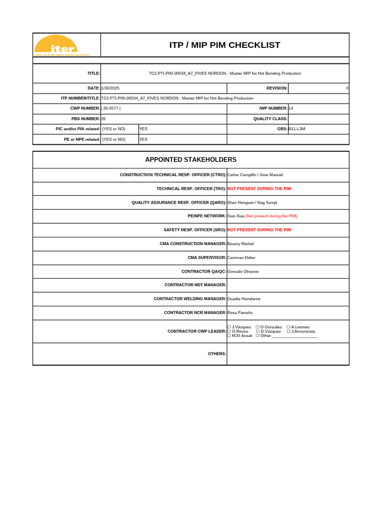 Hot Bending Production MIP Checklist | PDF | Quality