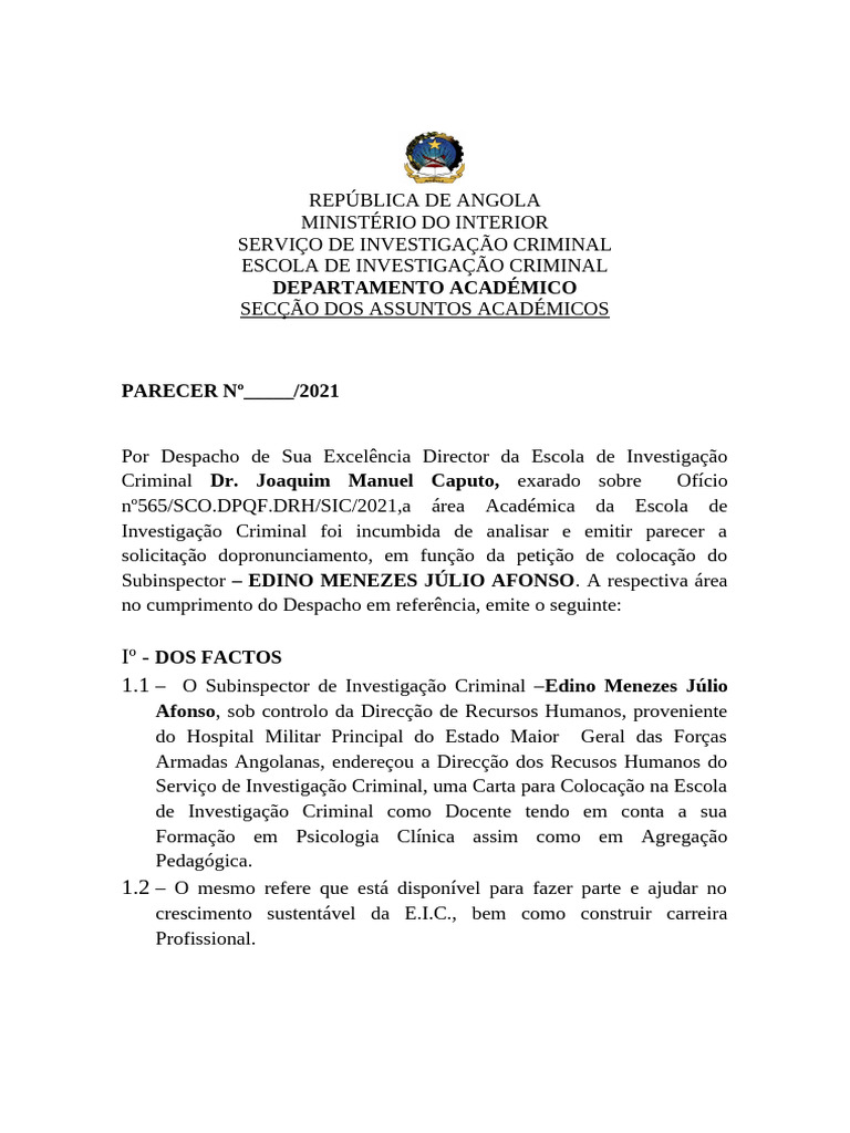 Parecer sobre Colocação de Docente | PDF | Polícia | Angola