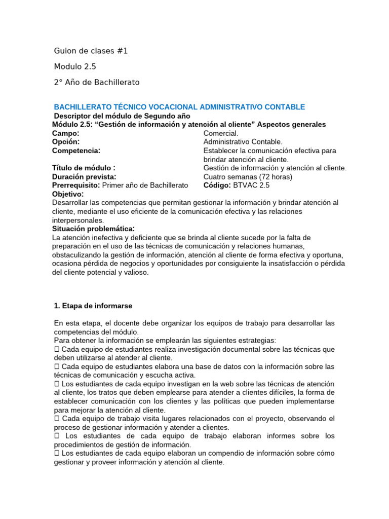 Guion de Clases #1 Modulo 2.5 2025 2° Bto. | PDF | Servicio al Cliente | Información