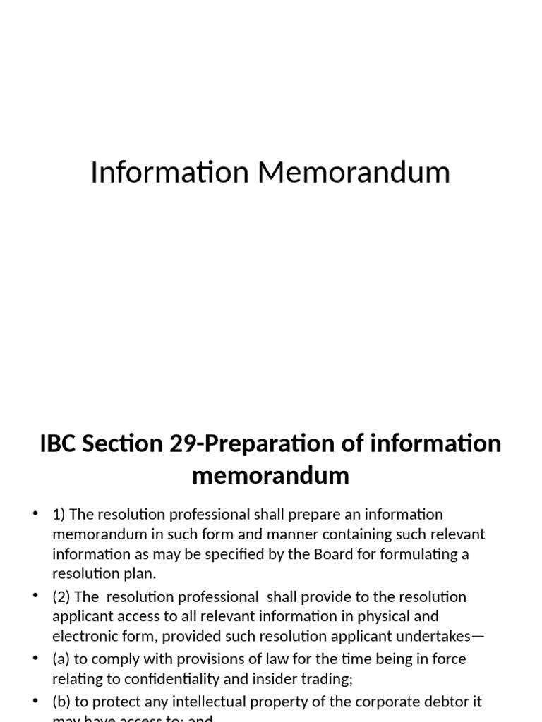 IBC Information Memorandum Overview | PDF | Bankruptcy | Corporations
