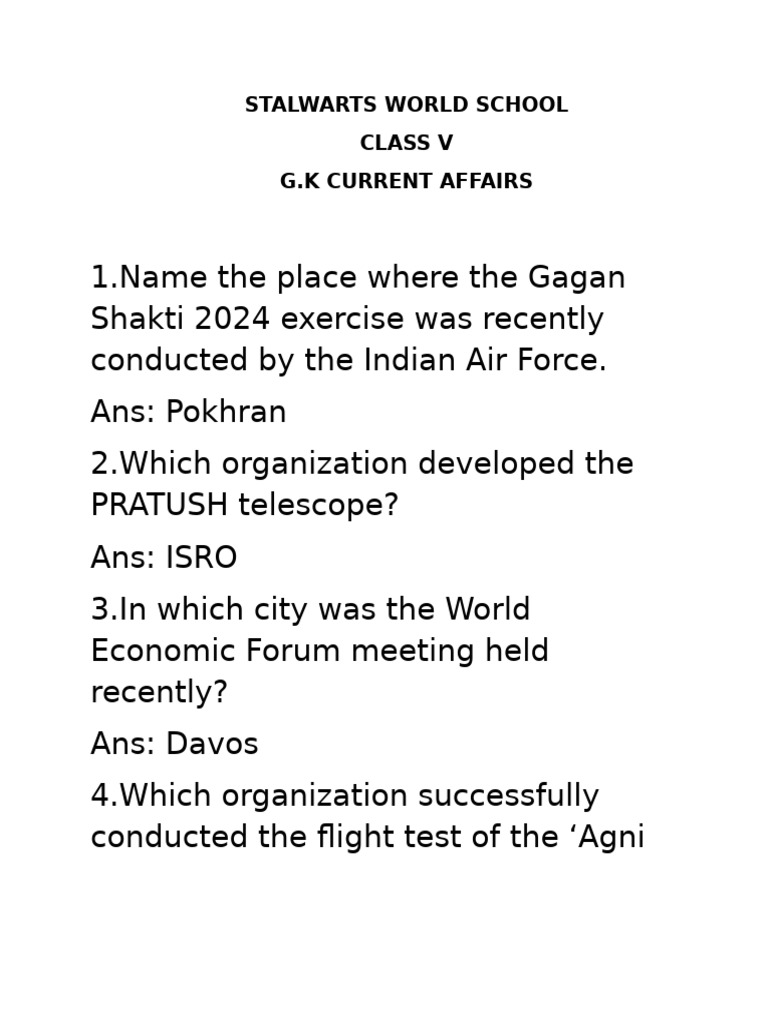Current Affairs of Class V | PDF