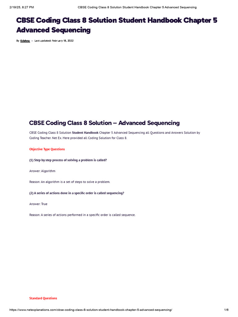 CBSE Coding Class 8 Solution Student Handbook Chapter 5 Advanced Sequencing | PDF | Algorithms ...