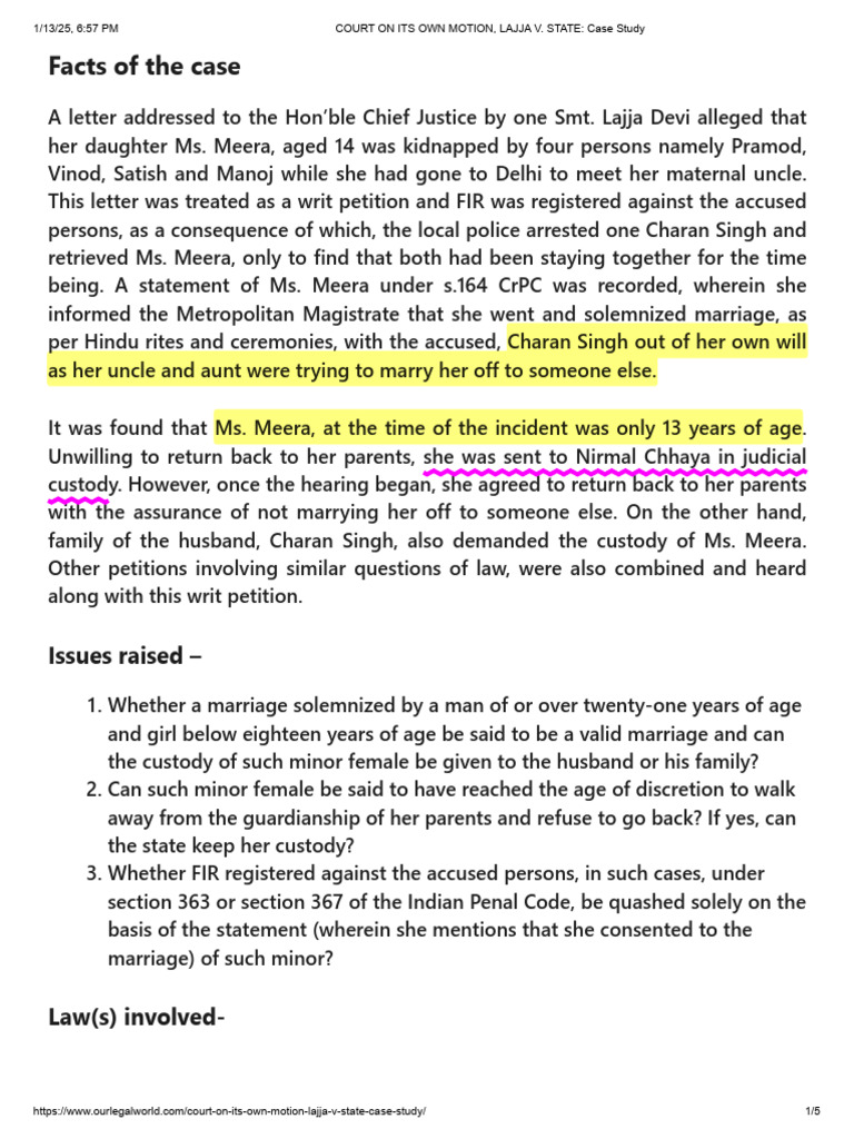 COURT ON ITS OWN MOTION, LAJJA V. STATE - Case Study | PDF | Annulment ...