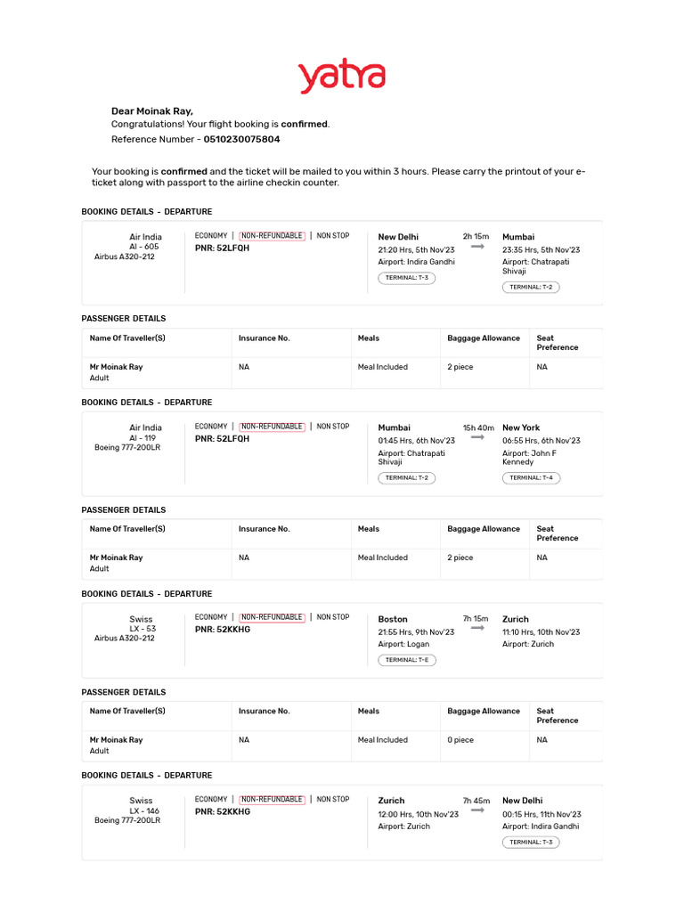 Moinak Ray US Flight Ticket | PDF | Aviation