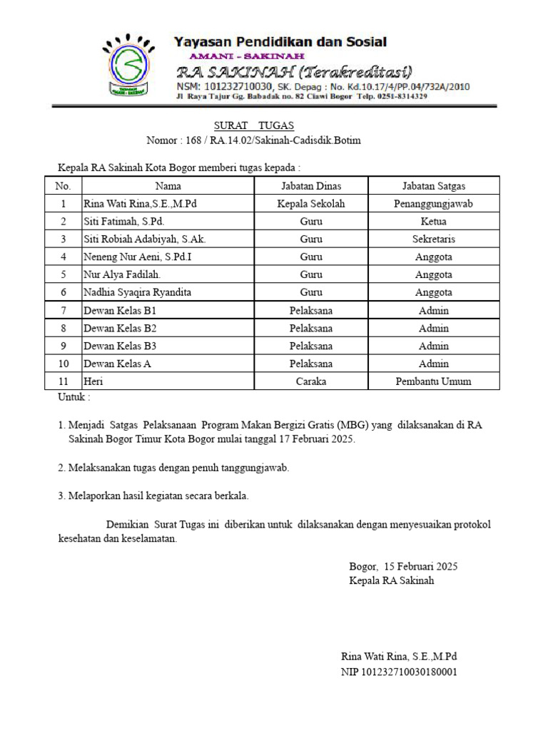 Surat Tugas MBG 10022025 Ra - Sakinah | PDF