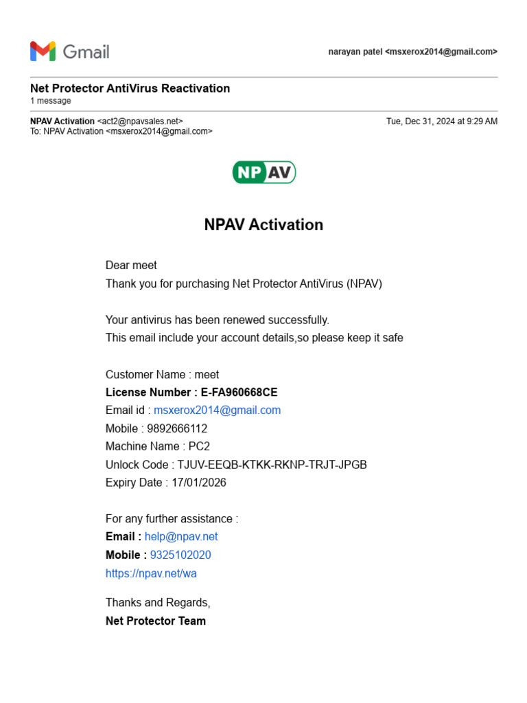 Gmail - Net Protector AntiVirus Reactivation | PDF