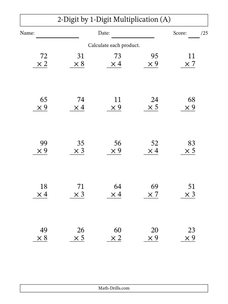 2-Digit by 1-Digit Multiplication Worksheet | PDF