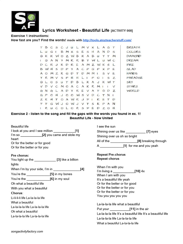 Beautiful Life Lyrics Worksheet | PDF