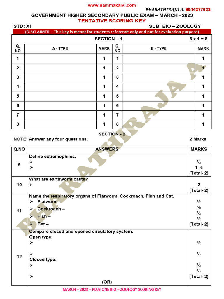 Namma Kalvi 11th Bio Zoology Public Exam Answer Key 2023 EM 221715 | PDF