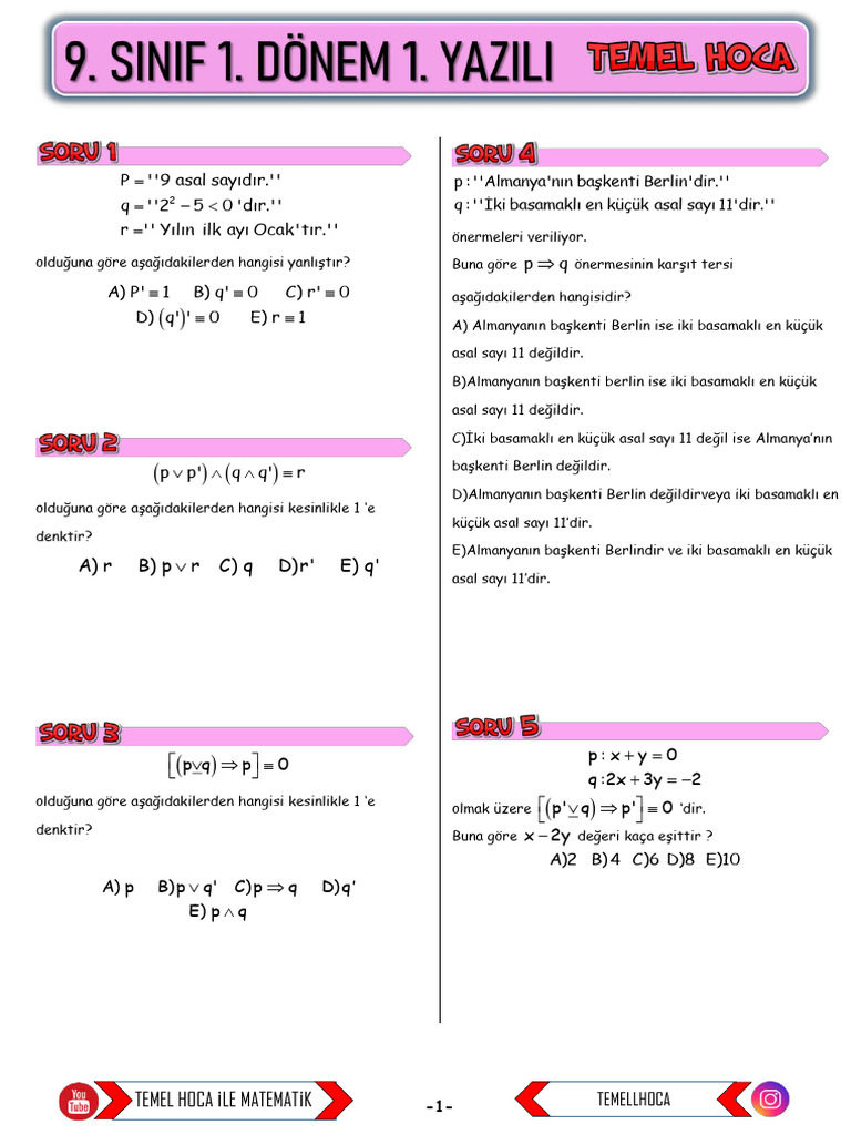 Sinif Matematik 1. Donem 1. Yazili Calismasi | PDF