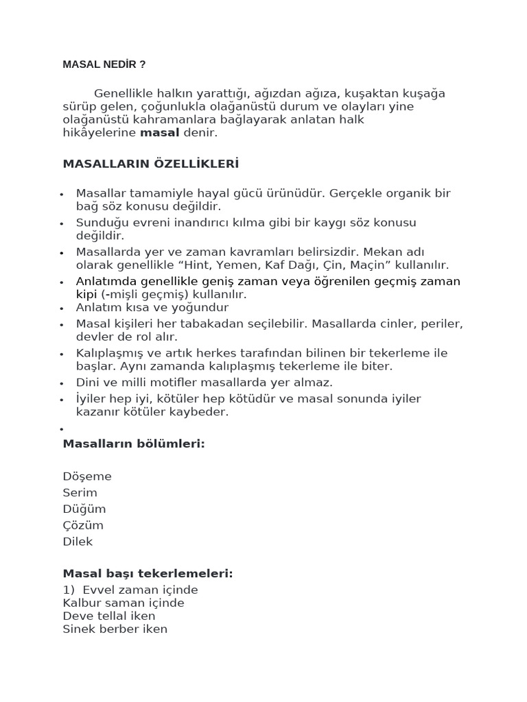 Masal Ve Destanlarımız Yazılı Notları | PDF