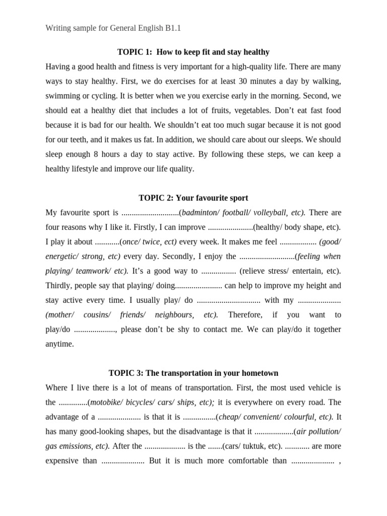 English B1.1 Writing Samples | PDF | Transport | Physical Fitness