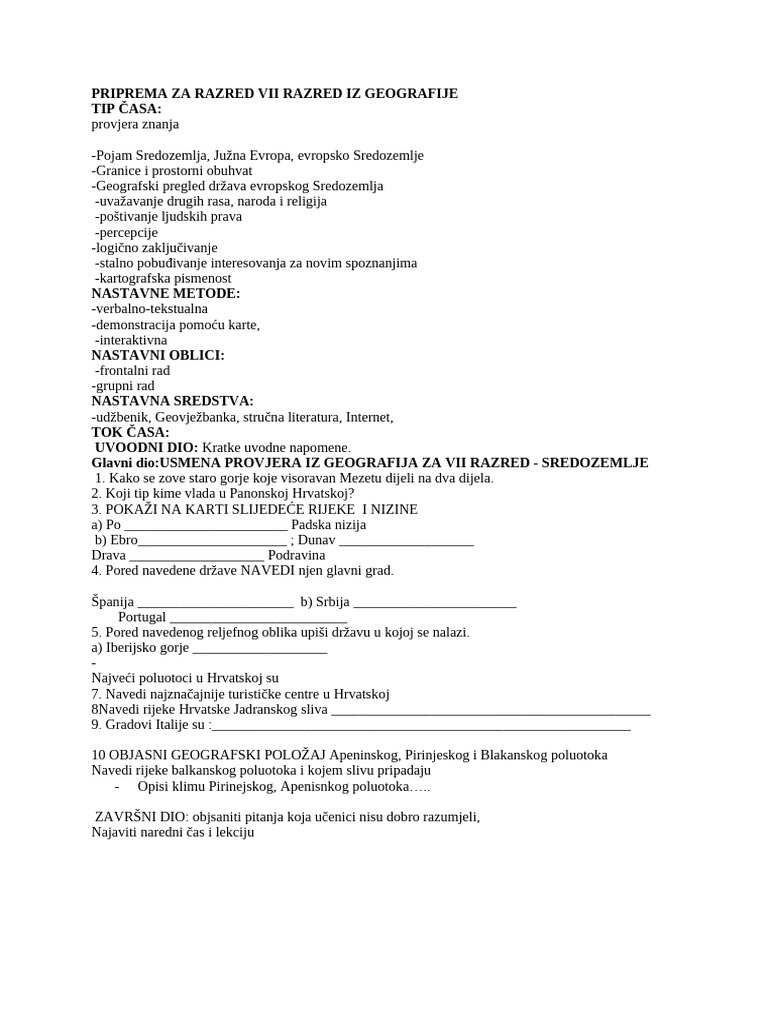 PRIPREMA ZA RAZRED VII RAZRED IZ GEOGRAFIJE Usmena Provejra 19.12. | PDF