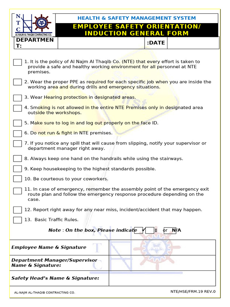 NTE-HSE-FRM.19 Rev. 1 - Employee Safety Orientation-Induction General ...