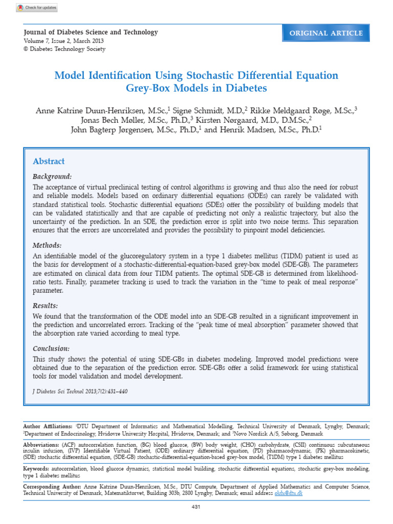 Duun Henriksen Et Al 2013 Model Identification Using Stochastic Differential Equation Grey Box