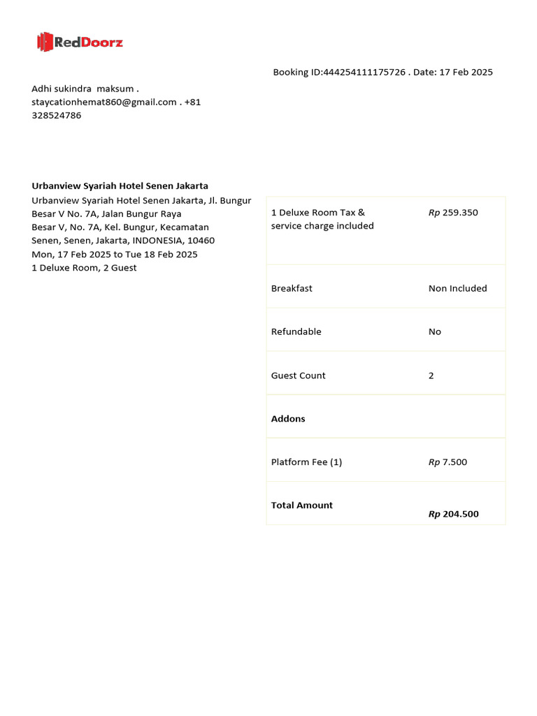 Booking - Invoice Adhi 17-18 Feb | PDF