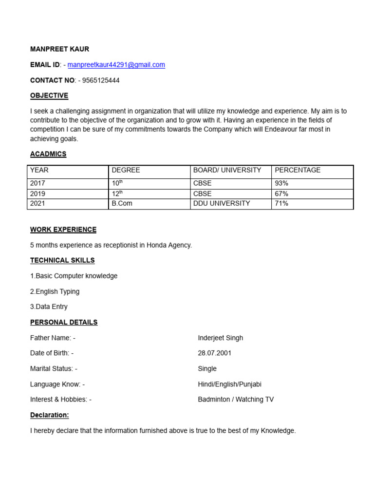 Manpreet Kaur's Resume Summary | PDF