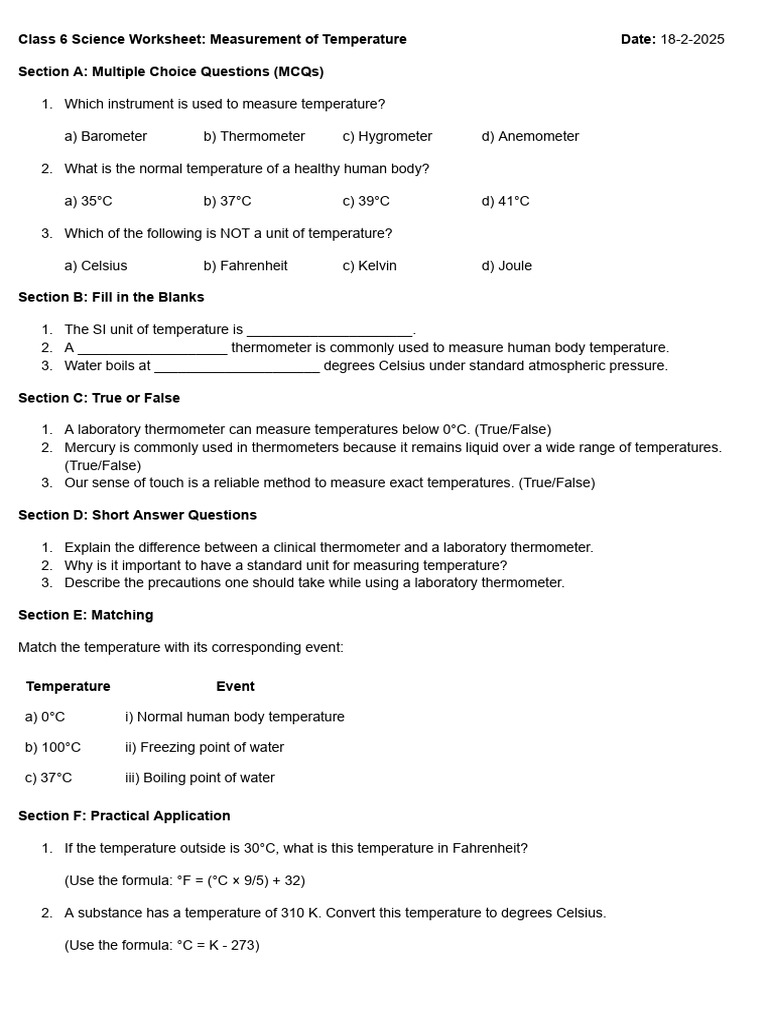 Class 6 Temperature Measurement Worksheet | PDF