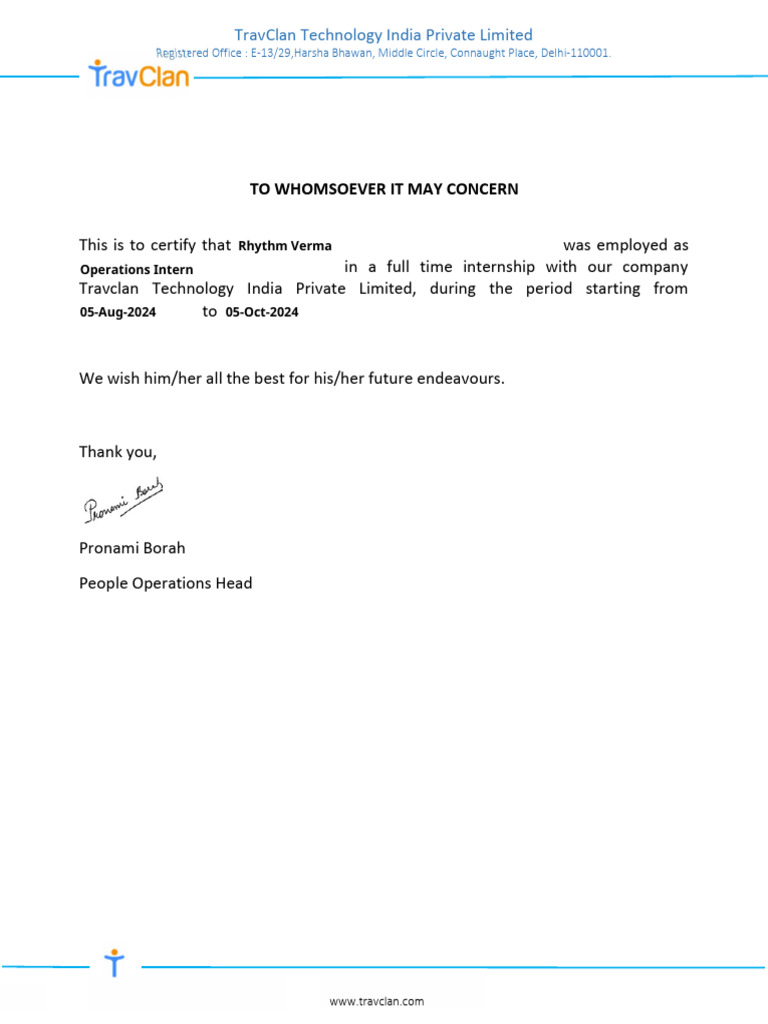 TC Intern Experience Letter - Rhythm Verma | PDF