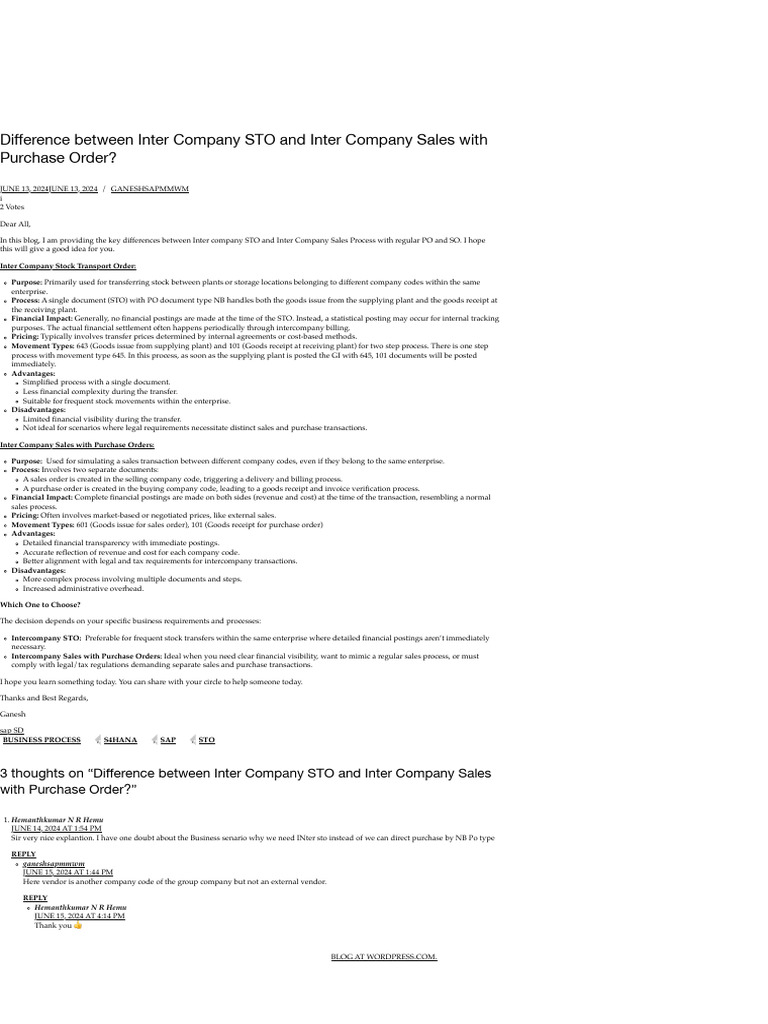 Difference Between Inter Company STO and Inter Company Sales With ...