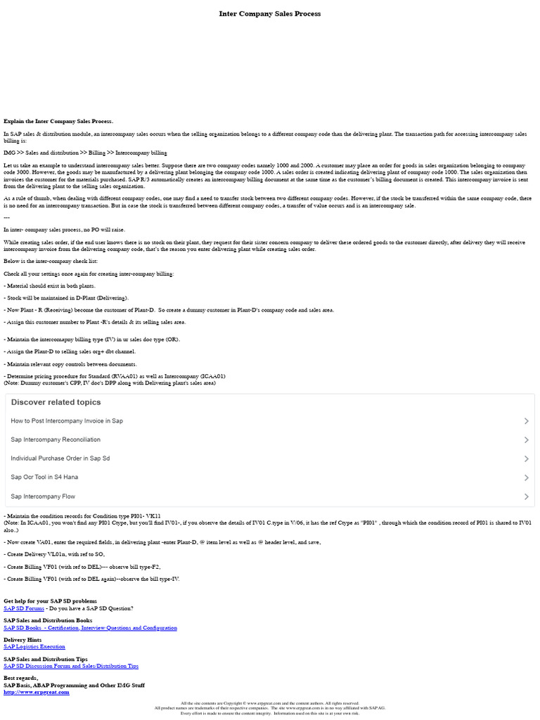 Intercompany Sales Process in SAP SD | PDF | Invoice | Sales