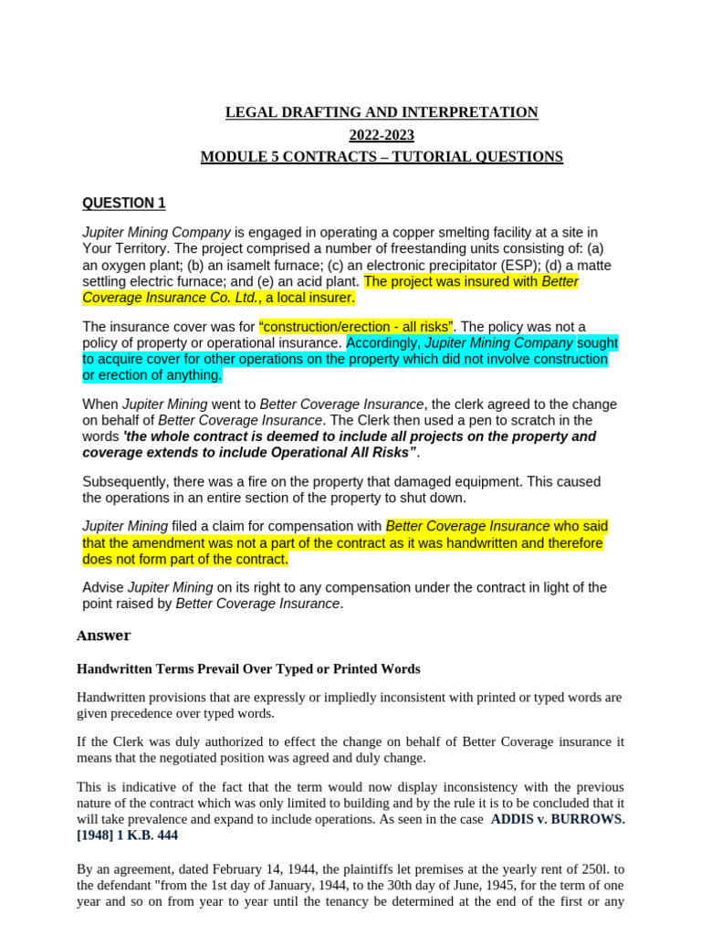 5 LEGAL DRAFTING AND INTERPRETATION MODULE 5 CONTRACTS TUTORIAL QUESTIONS November 2022 | PDF