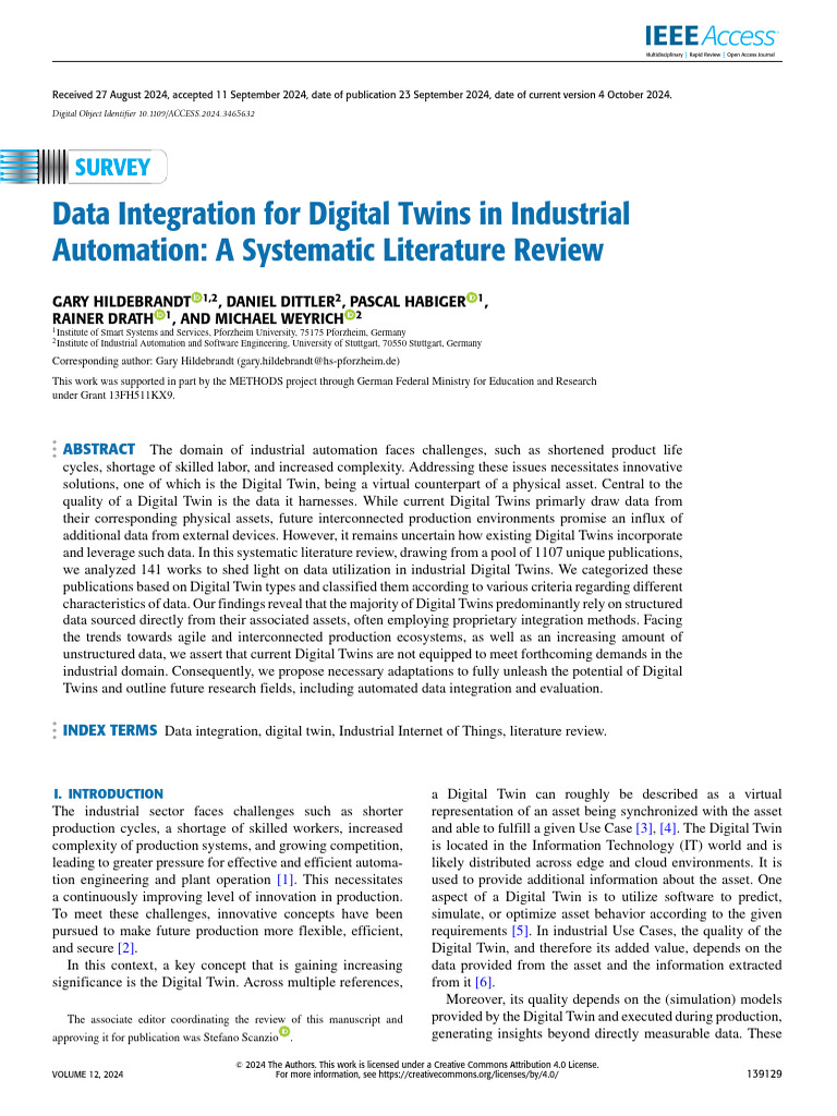 Data Integration for Digital Twins in Industrial Automation a Systematic Literature Review | PDF ...