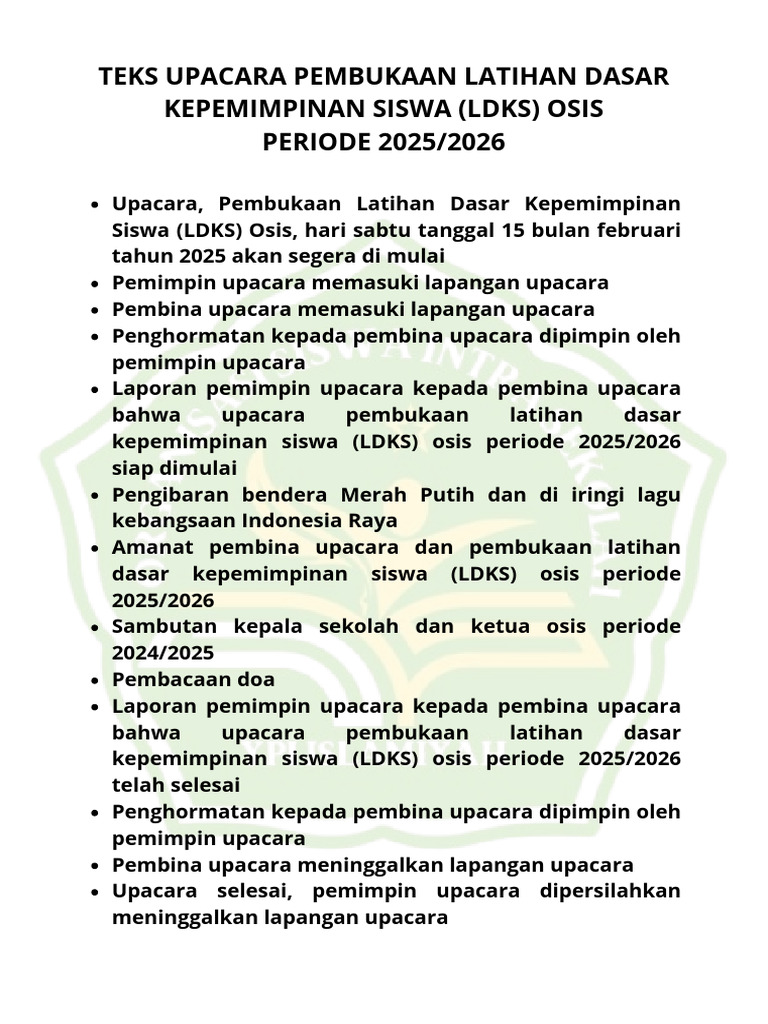 Teks Upacara Pembukaan Latihan Dasar Kepemimpinan Siswa (LDKS) Osis ...