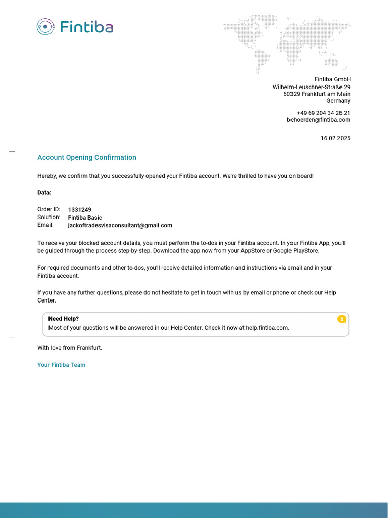 Fintiba Account Opening Confirmation | PDF