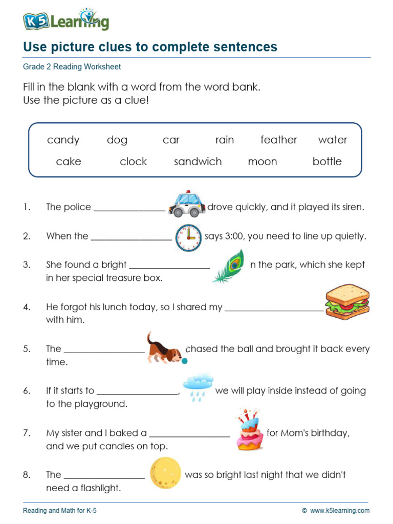 Grade 2 Complete Sentences Picture Clues g6k | PDF