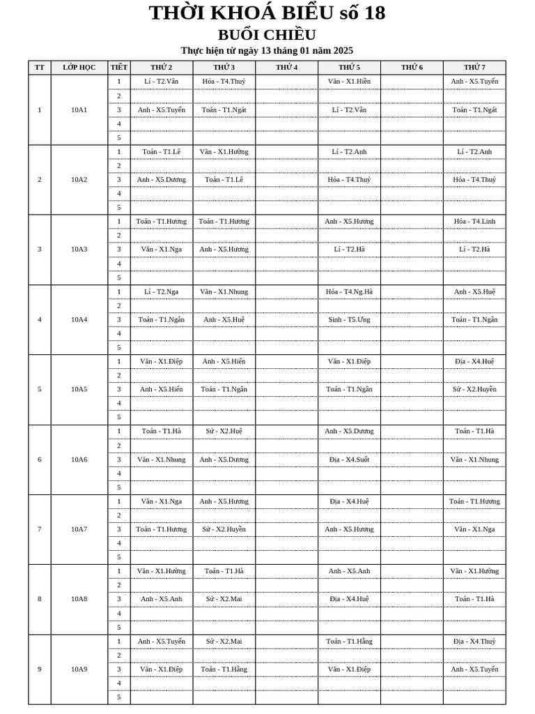 TKB Chiều Số 18 - 13.1.25 - HS | PDF
